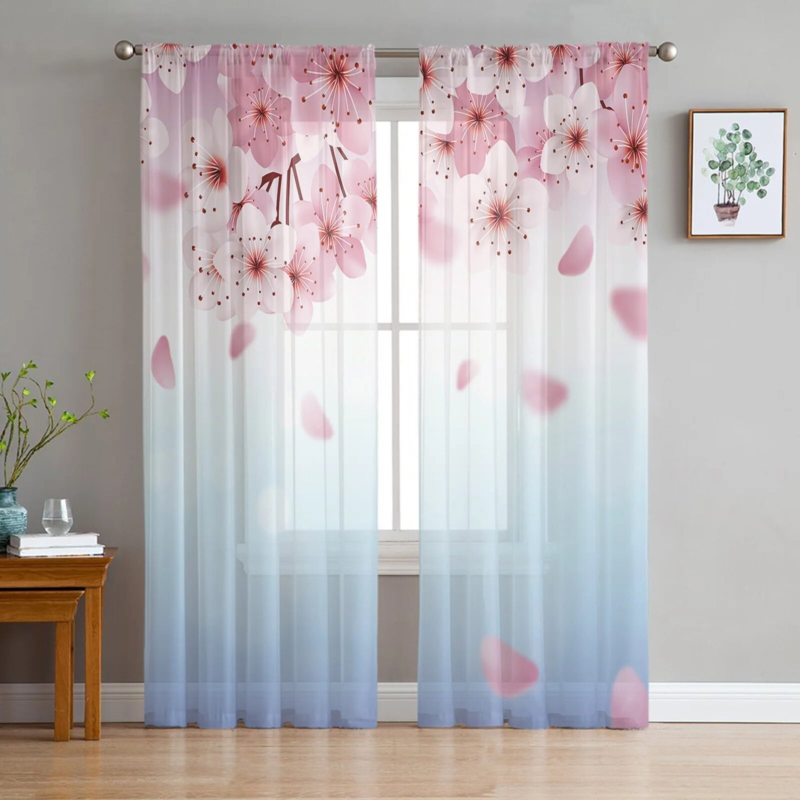 Spring Cherry Blossom Flowers Gradient Tulle Curtains Living Room ...