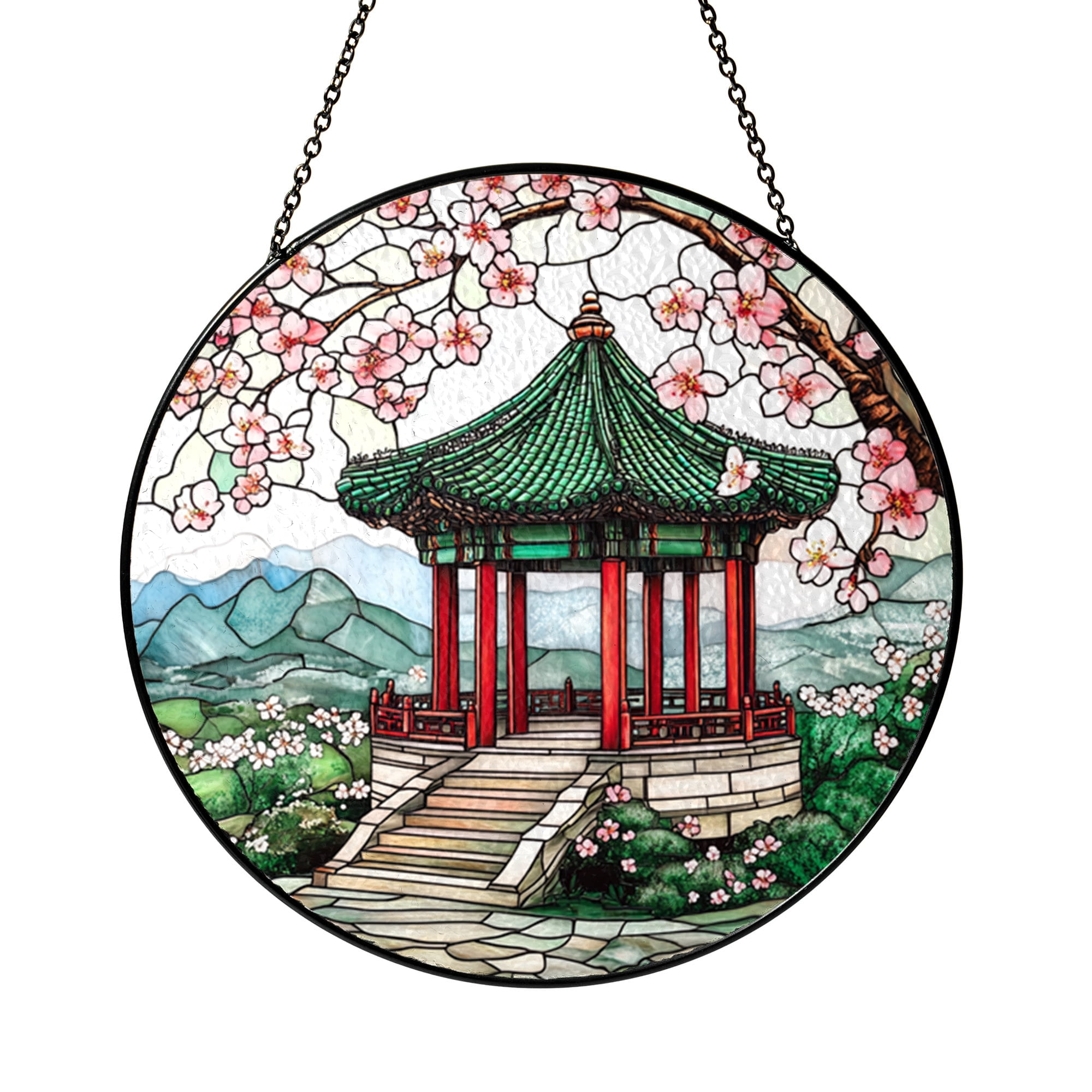 Spring Cherry Blossom Glass Suncatcher Window Hanging, Pagoda Landscape ...