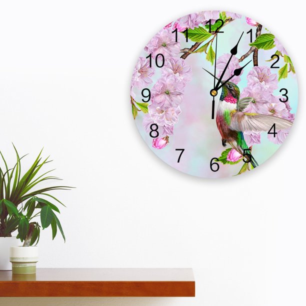 Spring Cherry Blossom Hummingbird Round Wall Clock for Home Decor ...