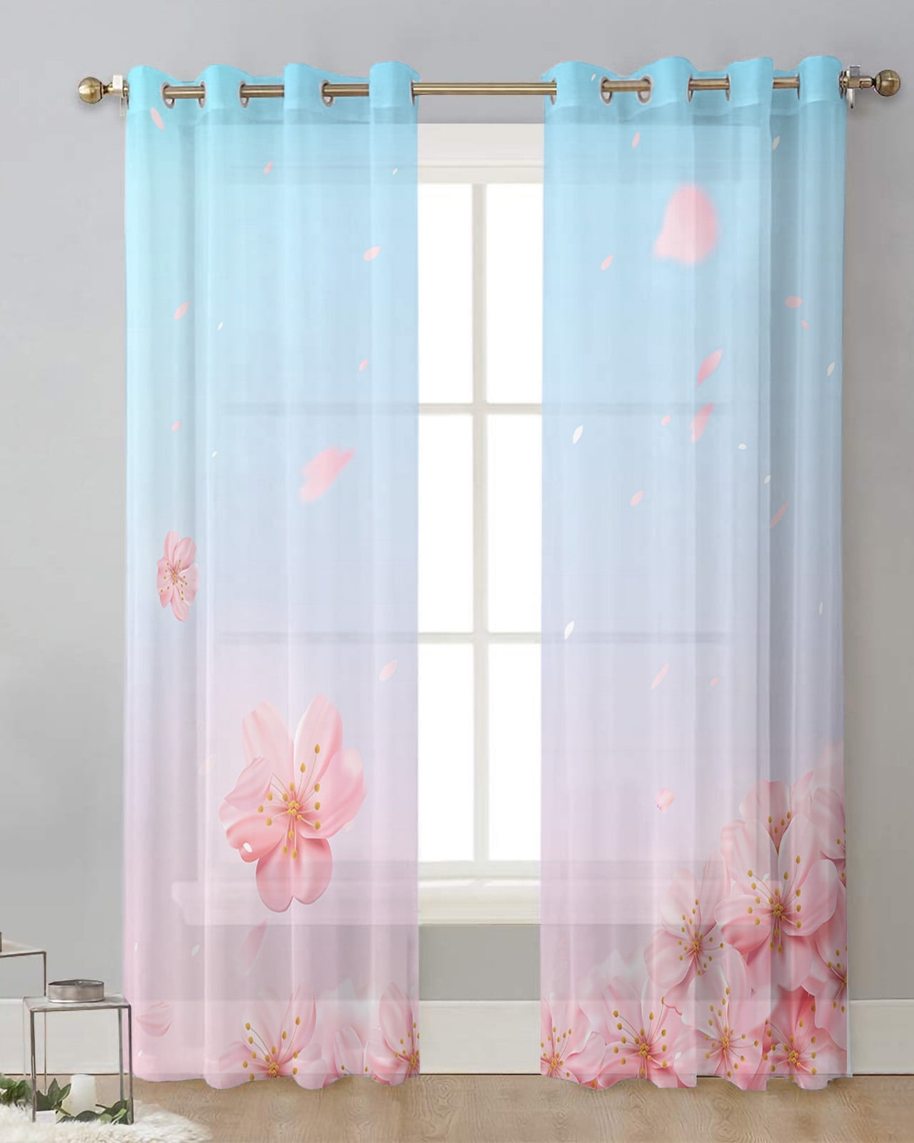 Spring Cherry Blossom Pink Petals Bedroom Sheer Window Curtains Living ...
