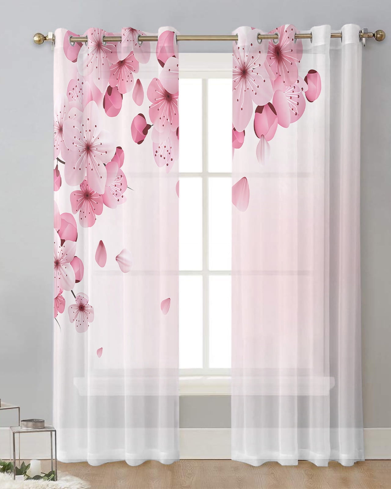 Spring Cherry Blossom Pink Petals Bedroom Sheer Window Curtains Living ...