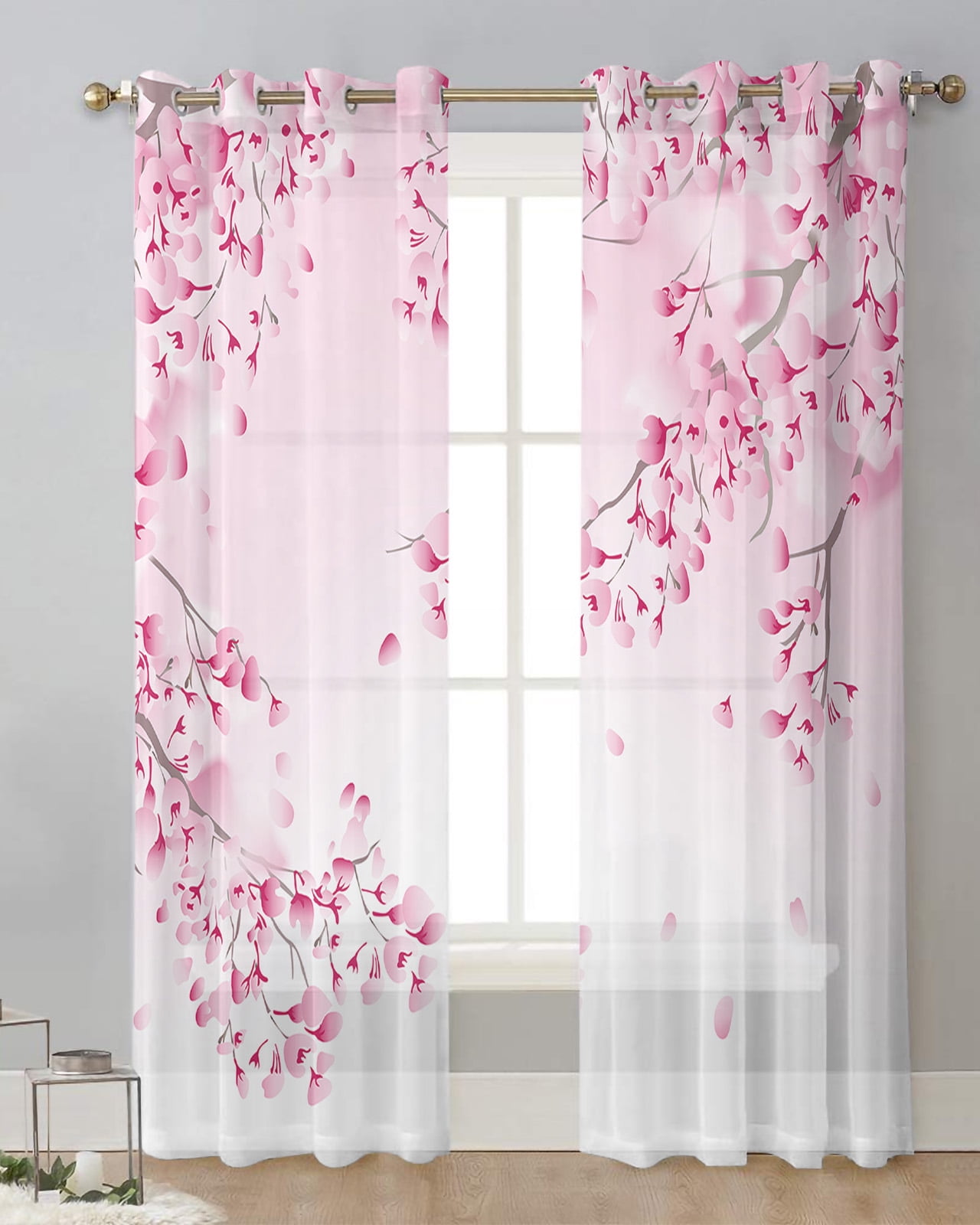 Spring Cherry Blossom Pink Petals Bedroom Sheer Window Curtains Living Room Tulle Curtains Voile ...