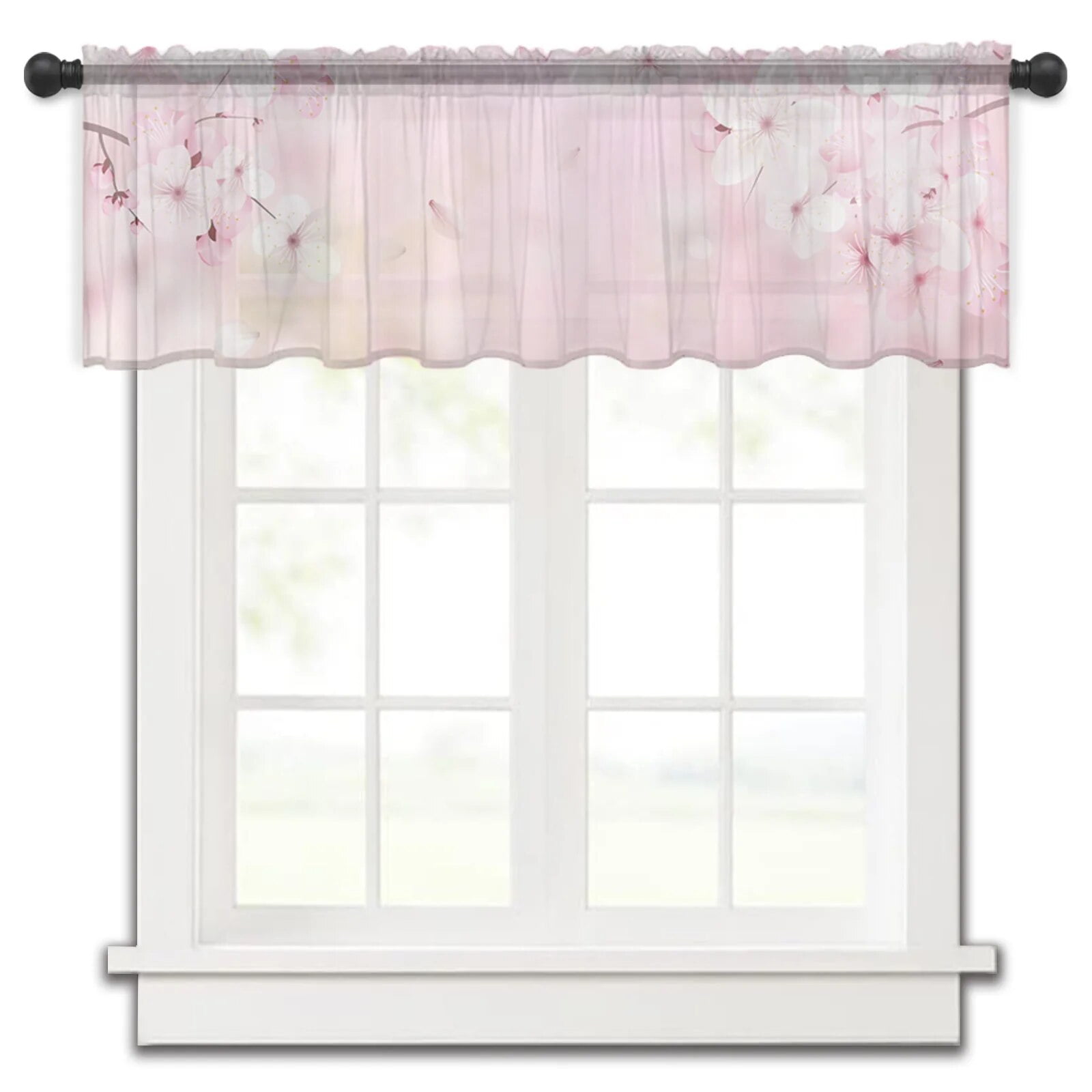 Spring Cherry Blossom Pink Petals Kitchen Small Curtain Tulle Sheer Short Curtain Bedroom Living ...
