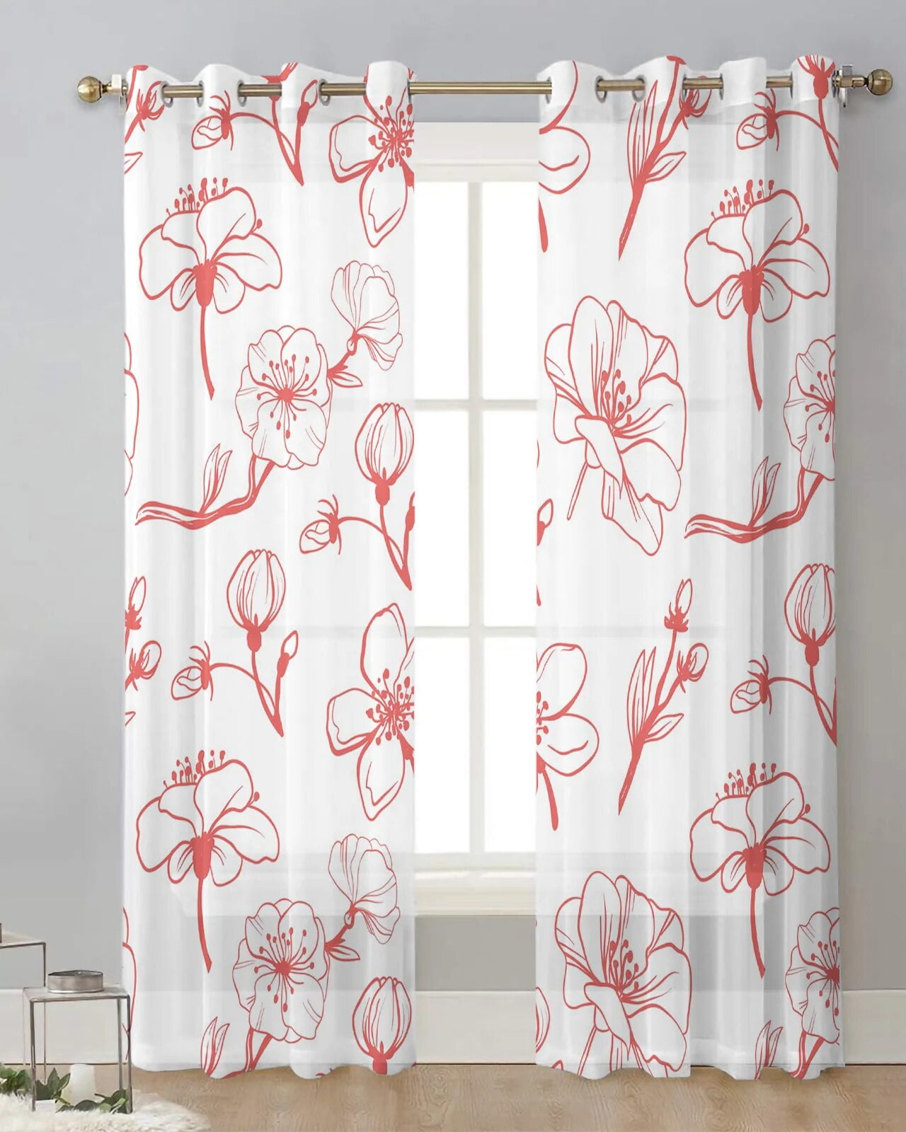 Spring Cherry Blossom Red Tulle Curtain rative Sheer Curtains for ...
