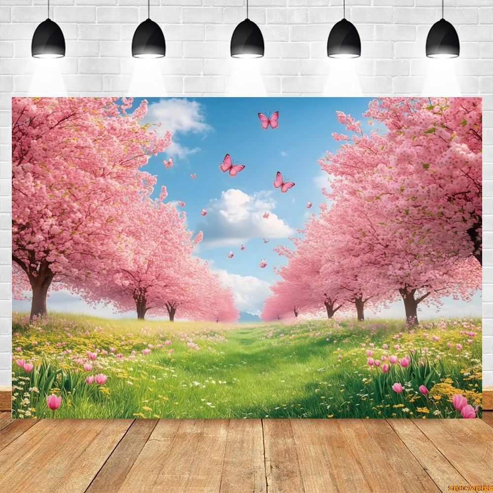 Spring Cherry Blossom Trees Backdrop Nature Scery Flowers Grass ...