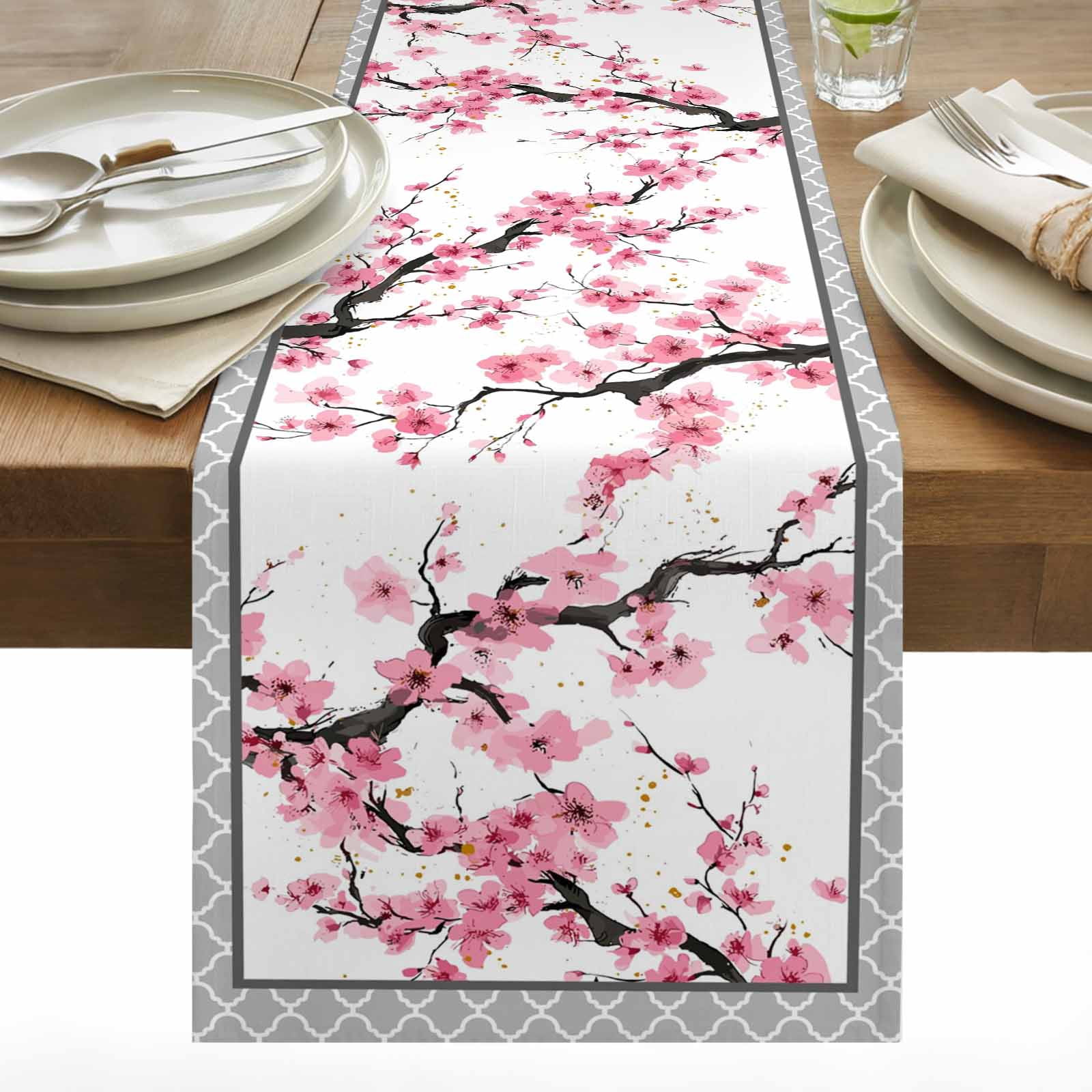 Spring Cherry Blossoms Cotton Linen Table Runner Pink Flower Branch ...
