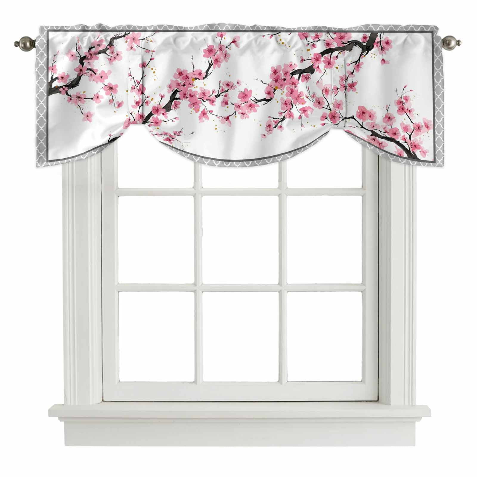 Spring Cherry Blossoms Tie Up Valance for Windows, Pink Flower Branch ...