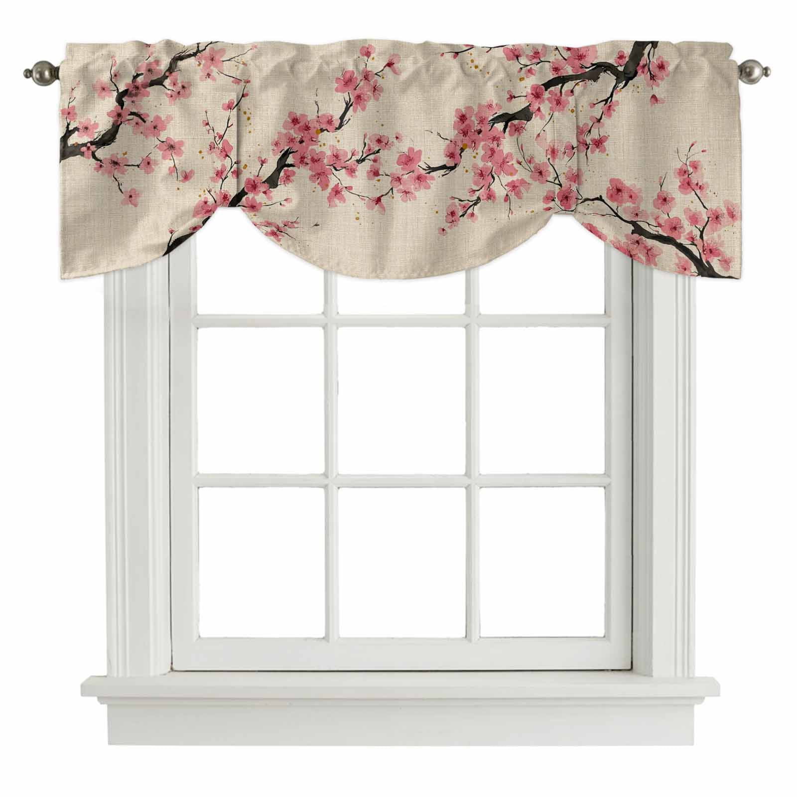Spring Cherry Blossoms Tie Up Valance for Windows, Pink Flower Branch ...