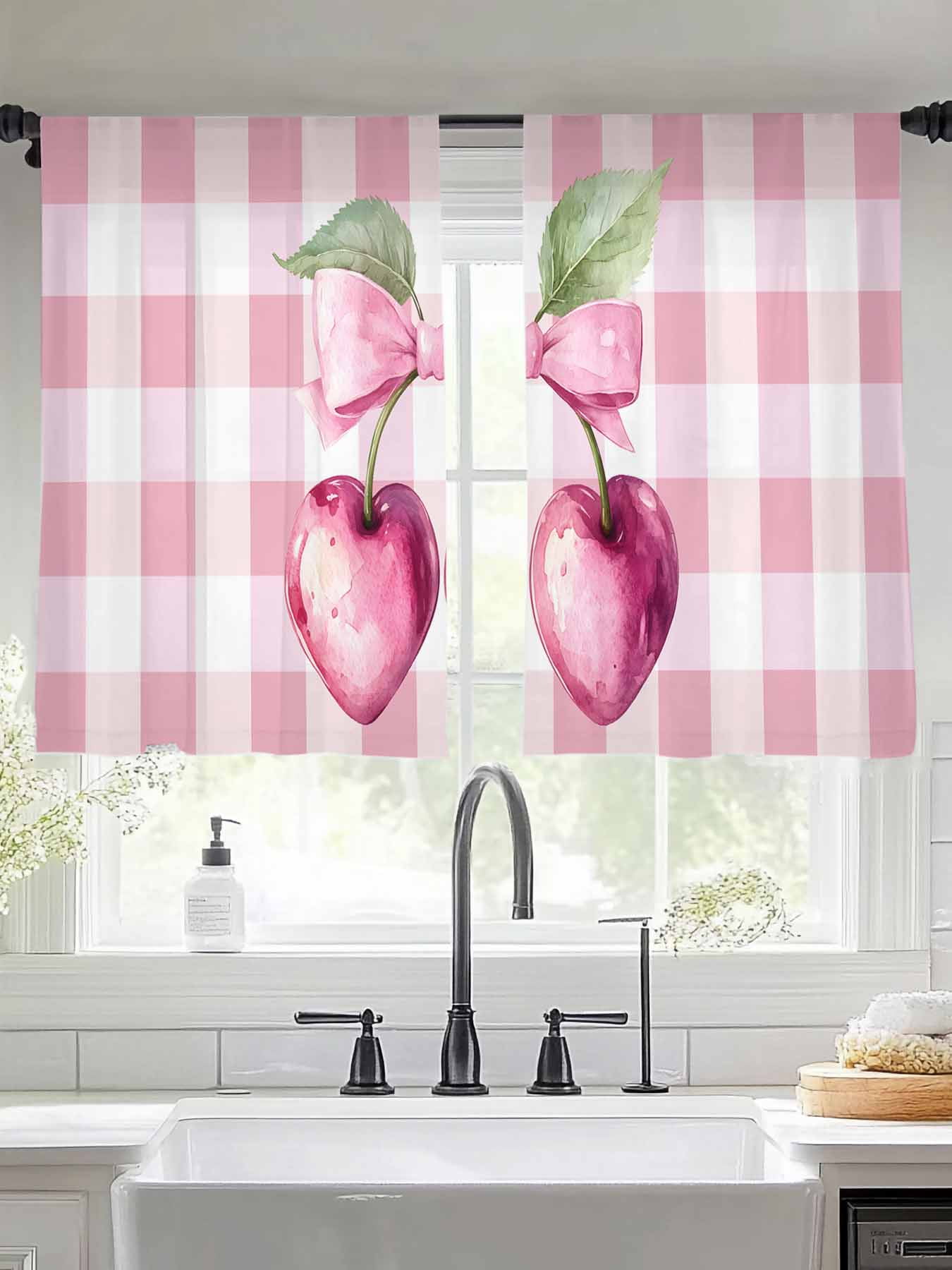 Spring Cherry Fruit Sheer Curtains for Living Room Bedroom Farmhouse Buffalo Plaid Pink Bow ...