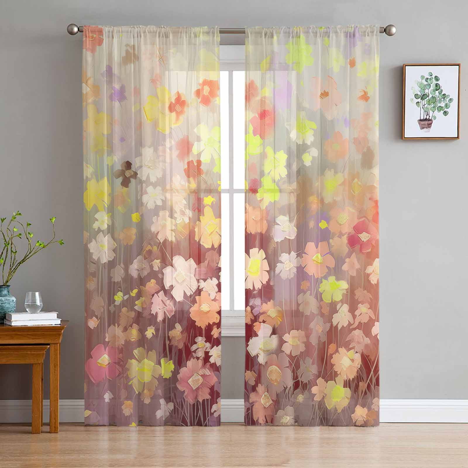 Spring Chrysanthemum Oil Painting Flowers Sheer Tulle Curtains for ...