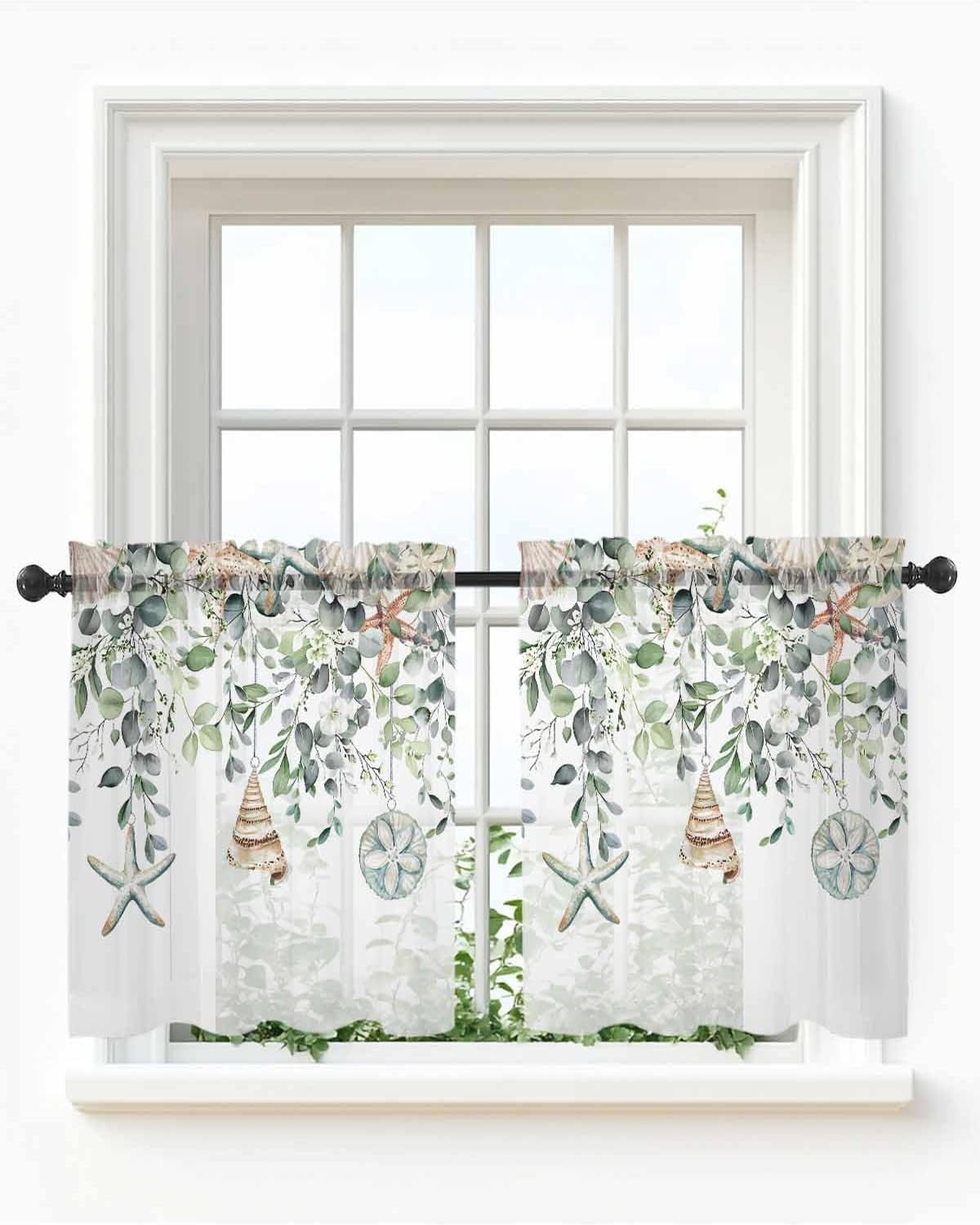 Spring Coastal Sheer Kitchen Tier Curtains 36 Inch Length, Botanical ...
