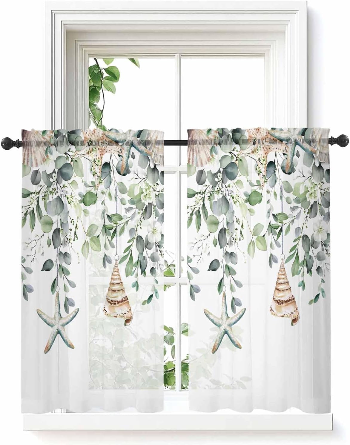 Spring Coastal Sheer Kitchen Tier Curtains 45 Inch Length, Eucalyptus ...