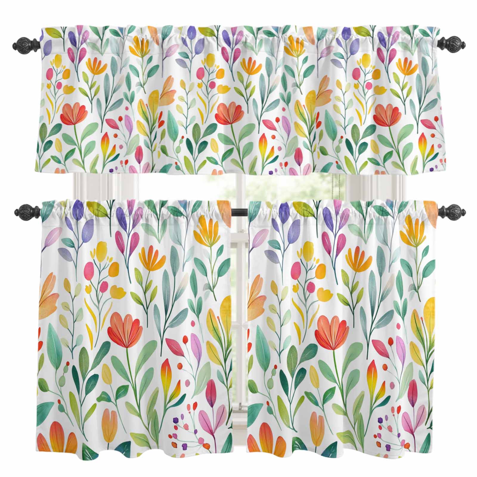 Spring Colorful Leaf Kitchen Curtains and Valances Set, Watercolor Leaf ...