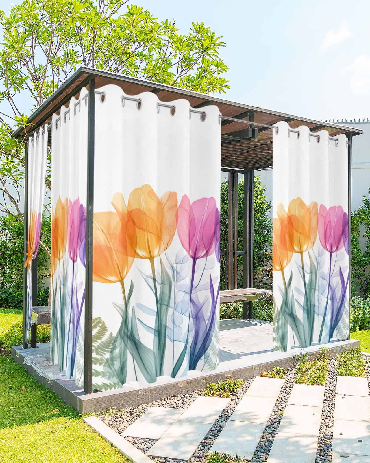 Spring Colorful Outdoor Curtains for Patio, X-ray Tulips Flower Ferns ...