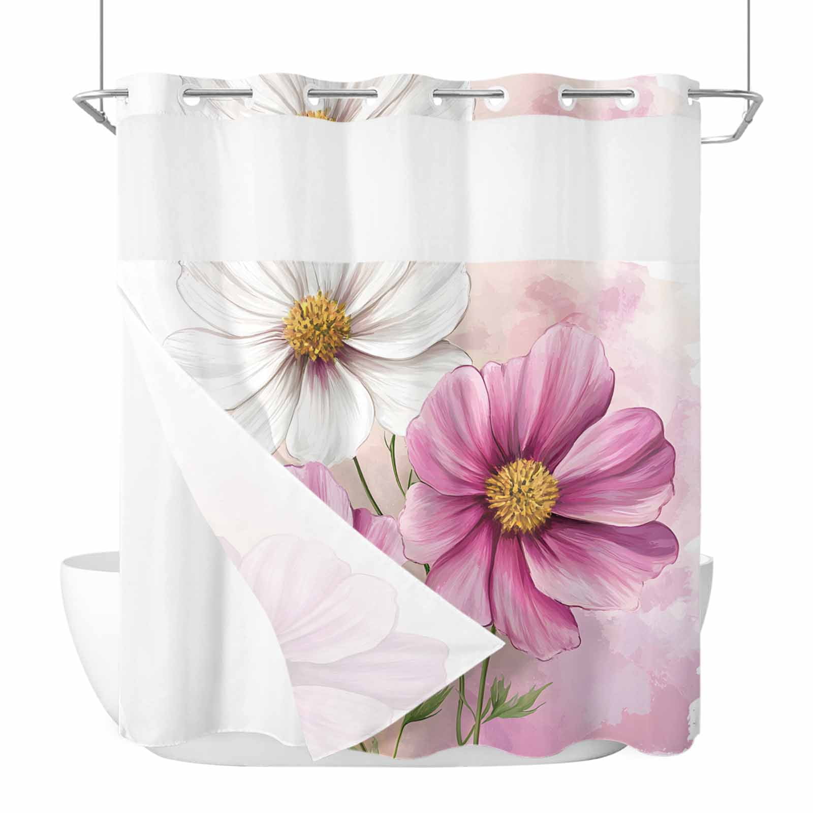 Spring Cosmos No Hooks Shower Curtain with Snap-in Liner Pink Flower ...
