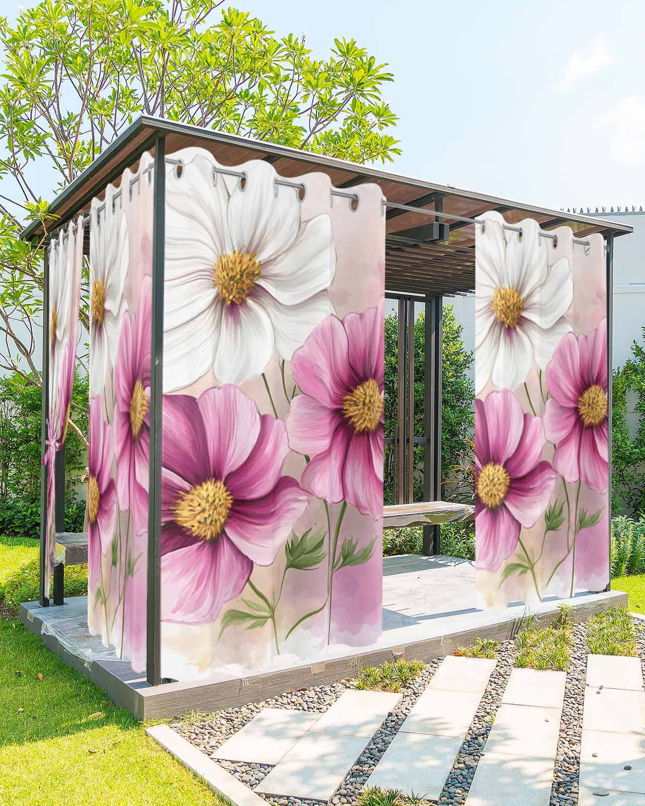 Spring Cosmos Outdoor Curtains for Patio, Pink Flower Waterproof ...