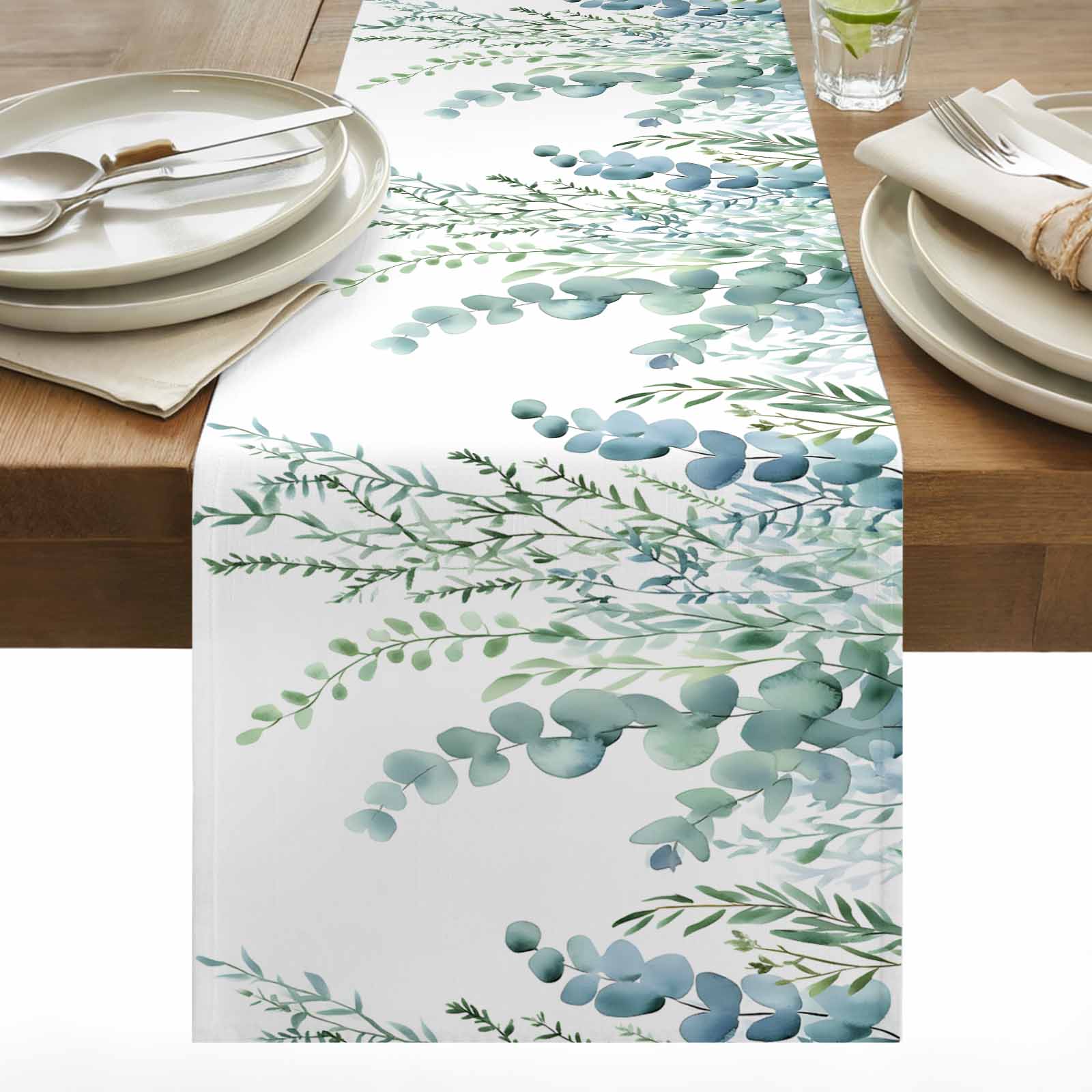 Spring Cotton Linen Table Runner Rustic Sage Green Eucalyptus Leaves ...