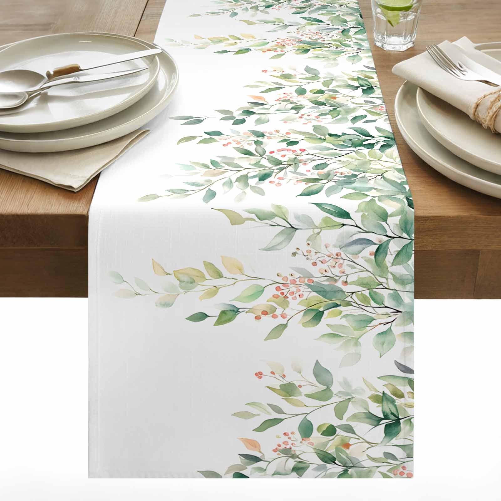 Spring Cotton Linen Table Runner Sage Green Leaf Dining Table Runners ...
