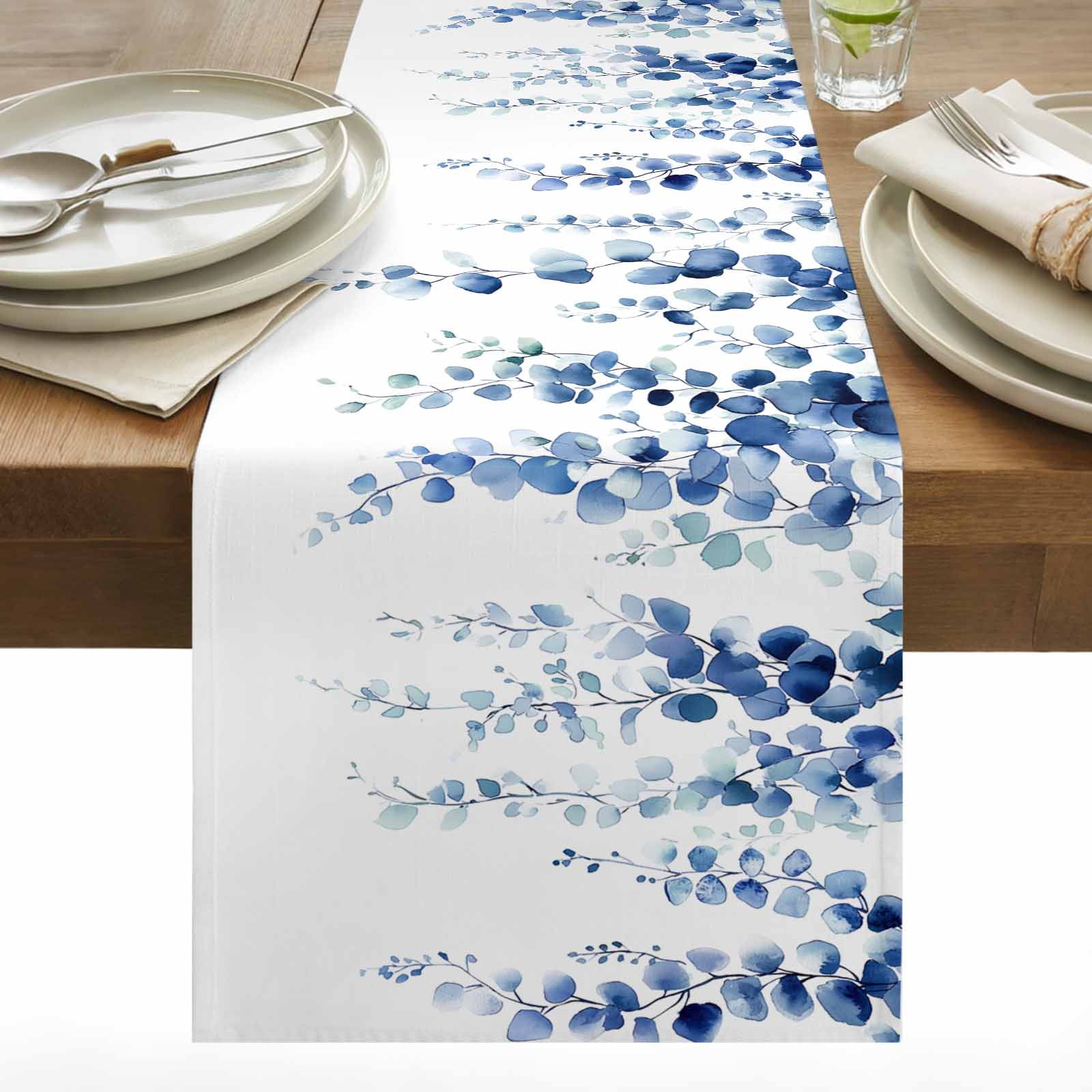 Spring Cotton Linen Table Runner Watercolor Eucalyptus Leaves Hand ...