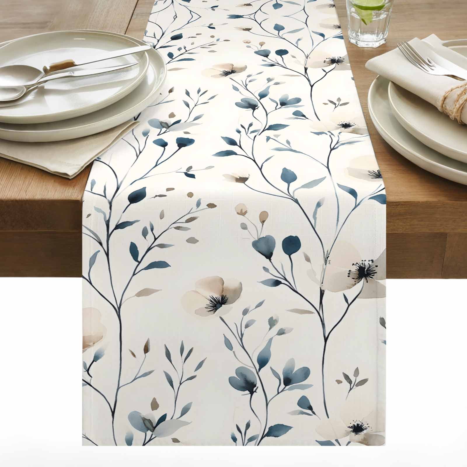 Spring off Cotton Linen Table Runner White Floral Blue Eucalyptus ...