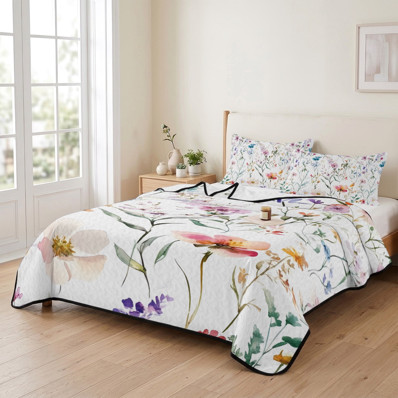Spring Country Flowers 3 Pieces Quilt Set,1 Quilt with 2 Shams,Abstract ...