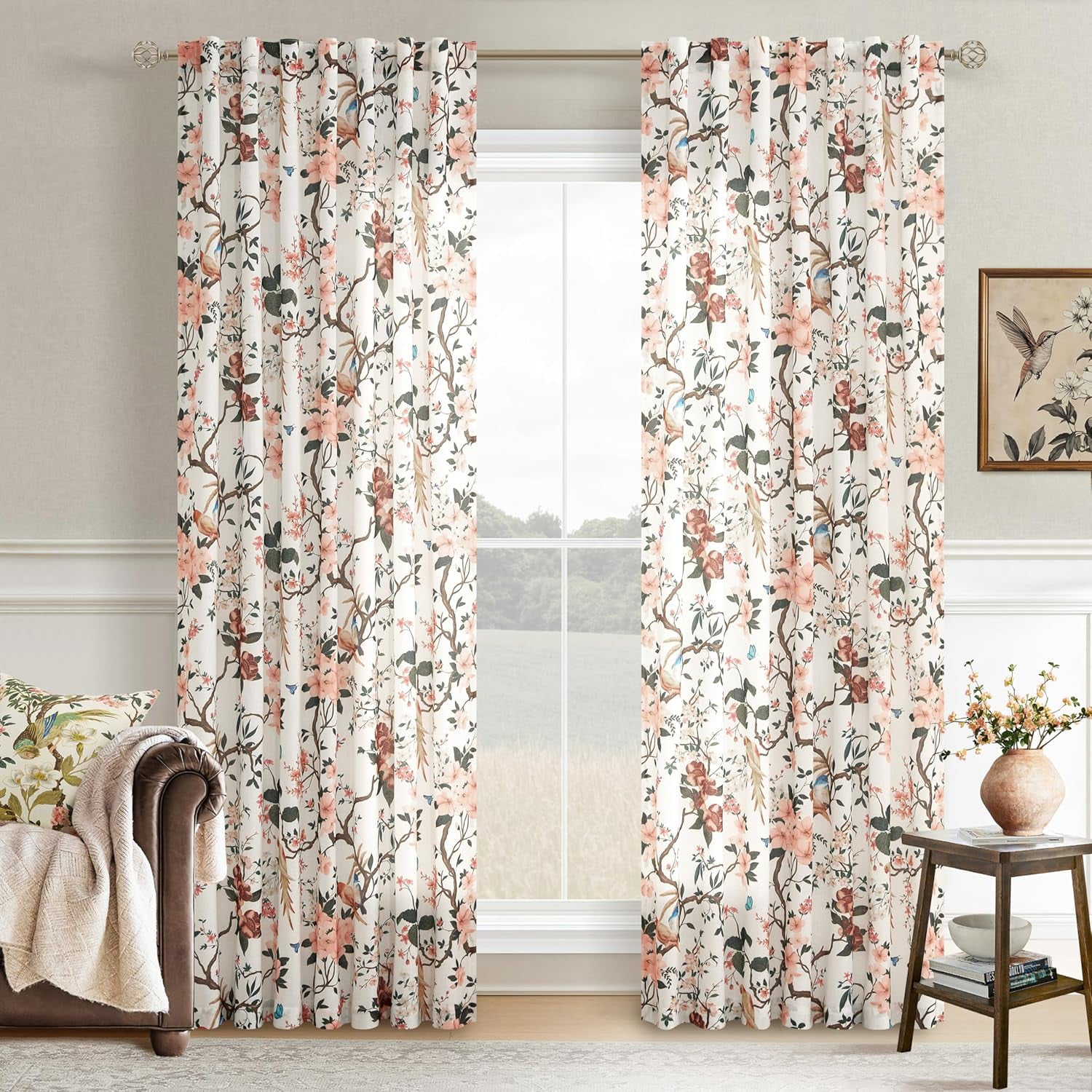 Spring Cream Floral Linen Curtains 96 Inches Long for Living Room ...