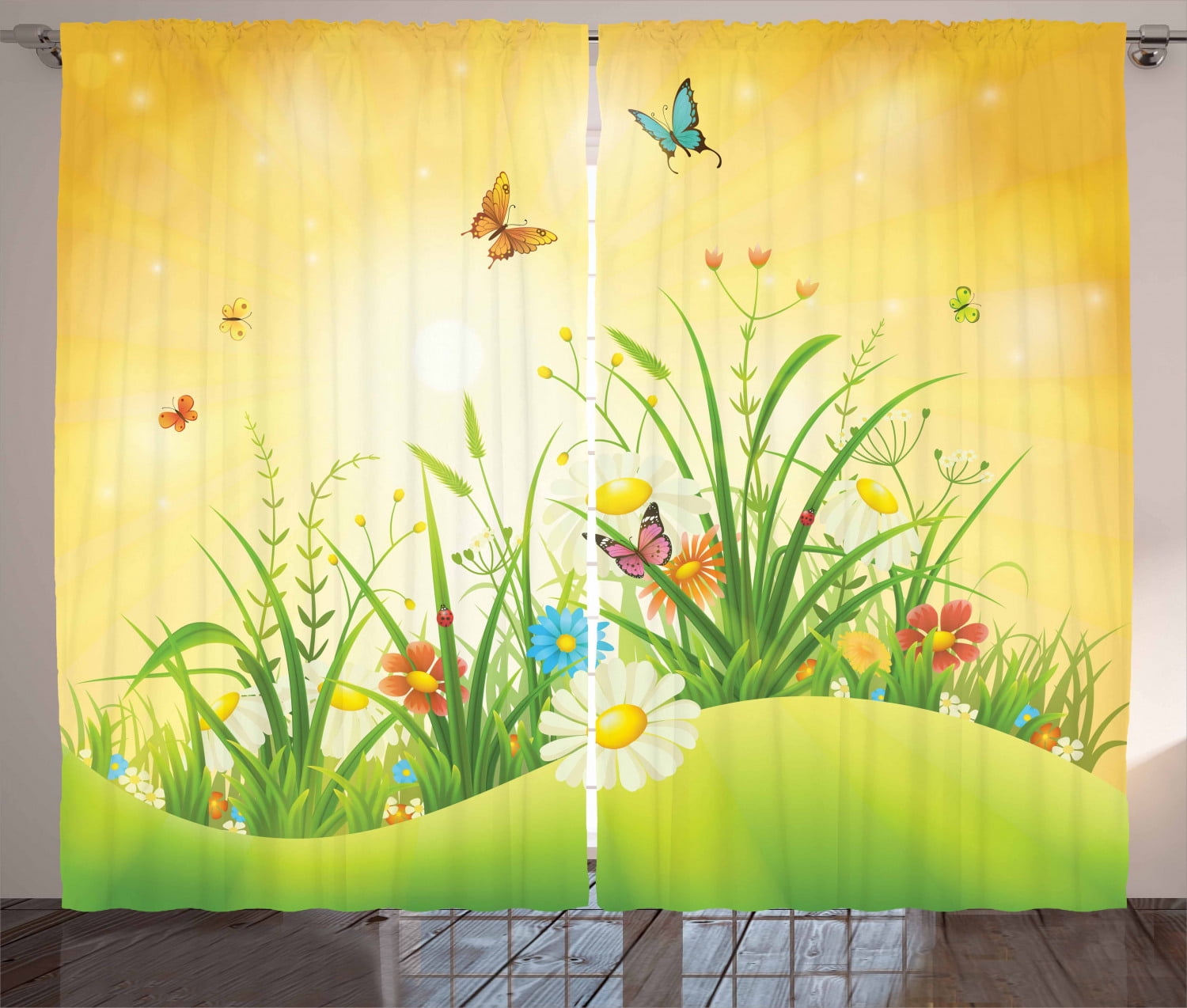 Ambesonne Spring Curtains 2 Panel Set, Colorful Meadow Scenery, 108" x ...