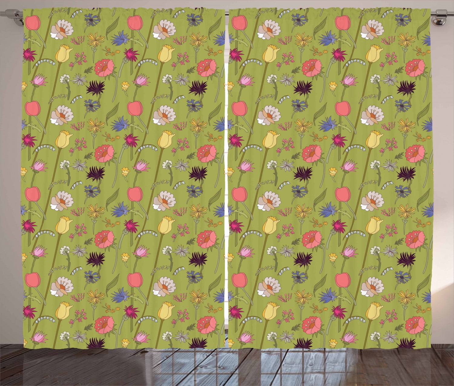 Spring Curtains 2 Panels Set, Messy Composition with Tulip Lily Aster ...