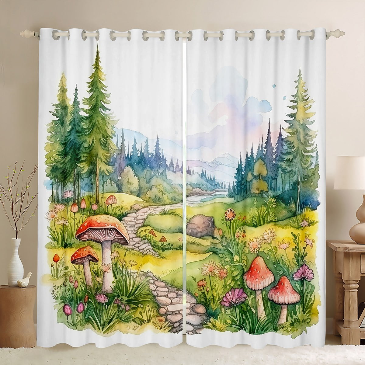 Spring Curtains & Drapes Botanical Mushrooms Decor Curtains Natural ...