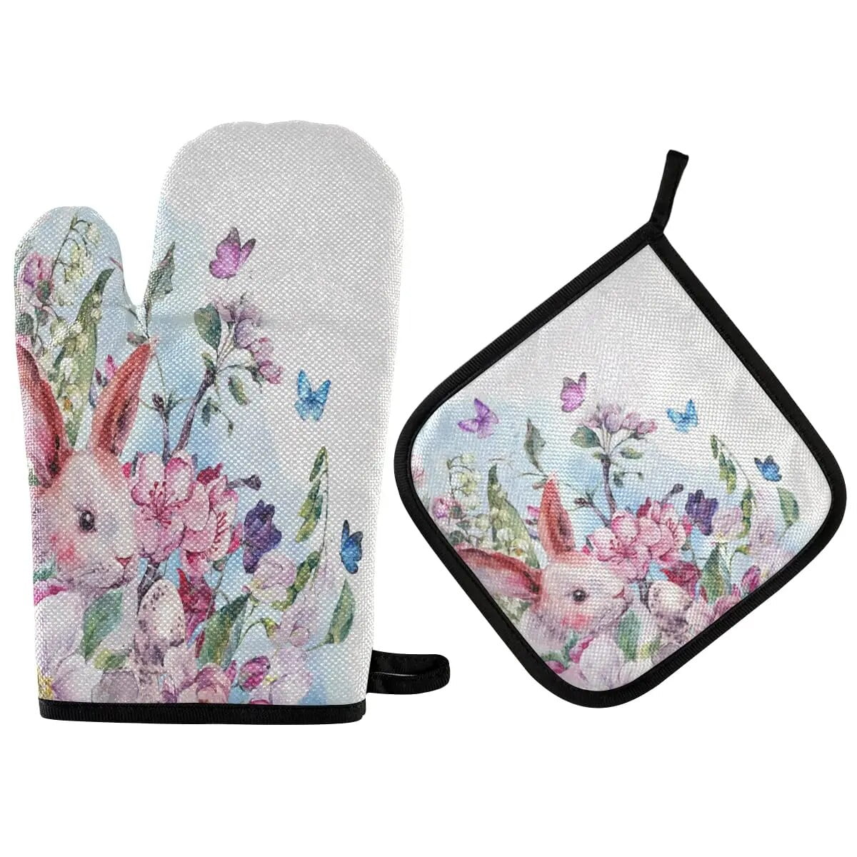Spring Cute Bunny Flowers Print Oven Gloves and Pot Holders Cartoon ...