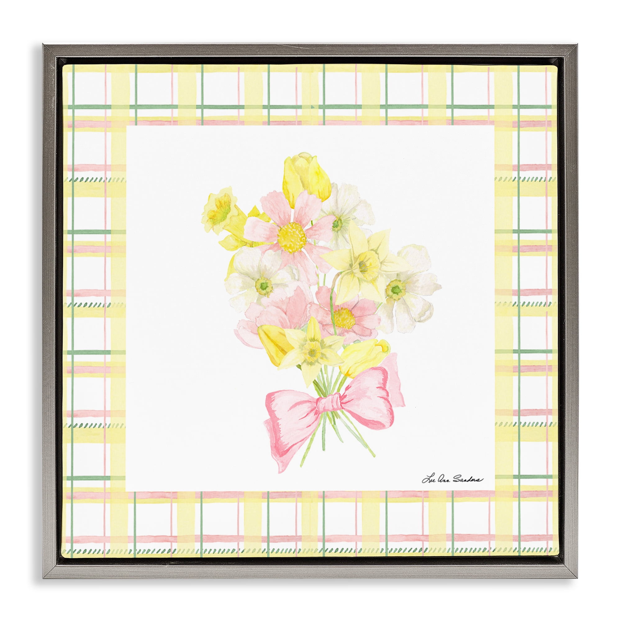 Spring Daffodils on Plaid Gray Framed Floater Canvas Wall Art, design ...