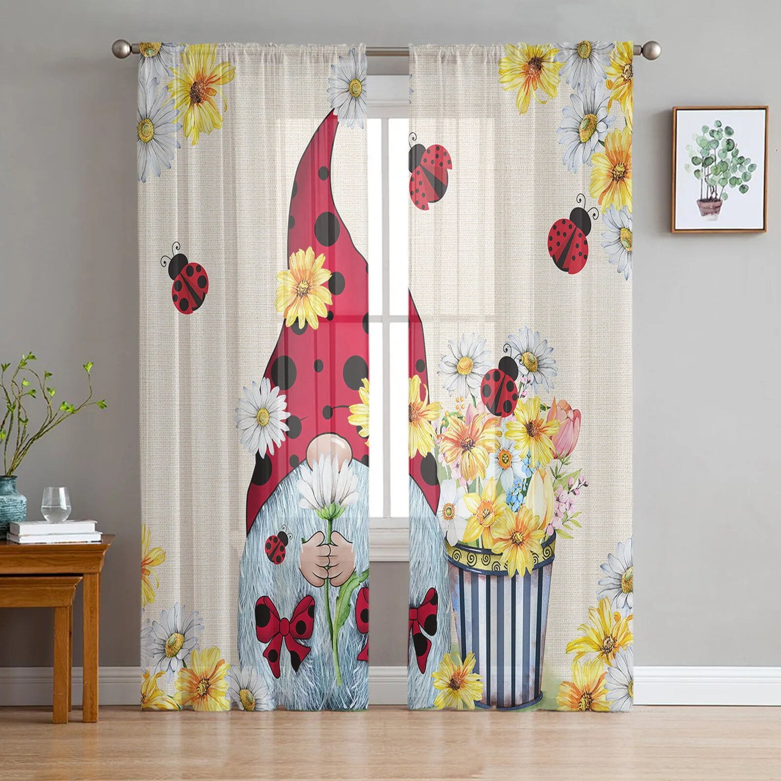 Spring Daisies Ladybug Sheer Window Curtains for Living Room Kitchen ...