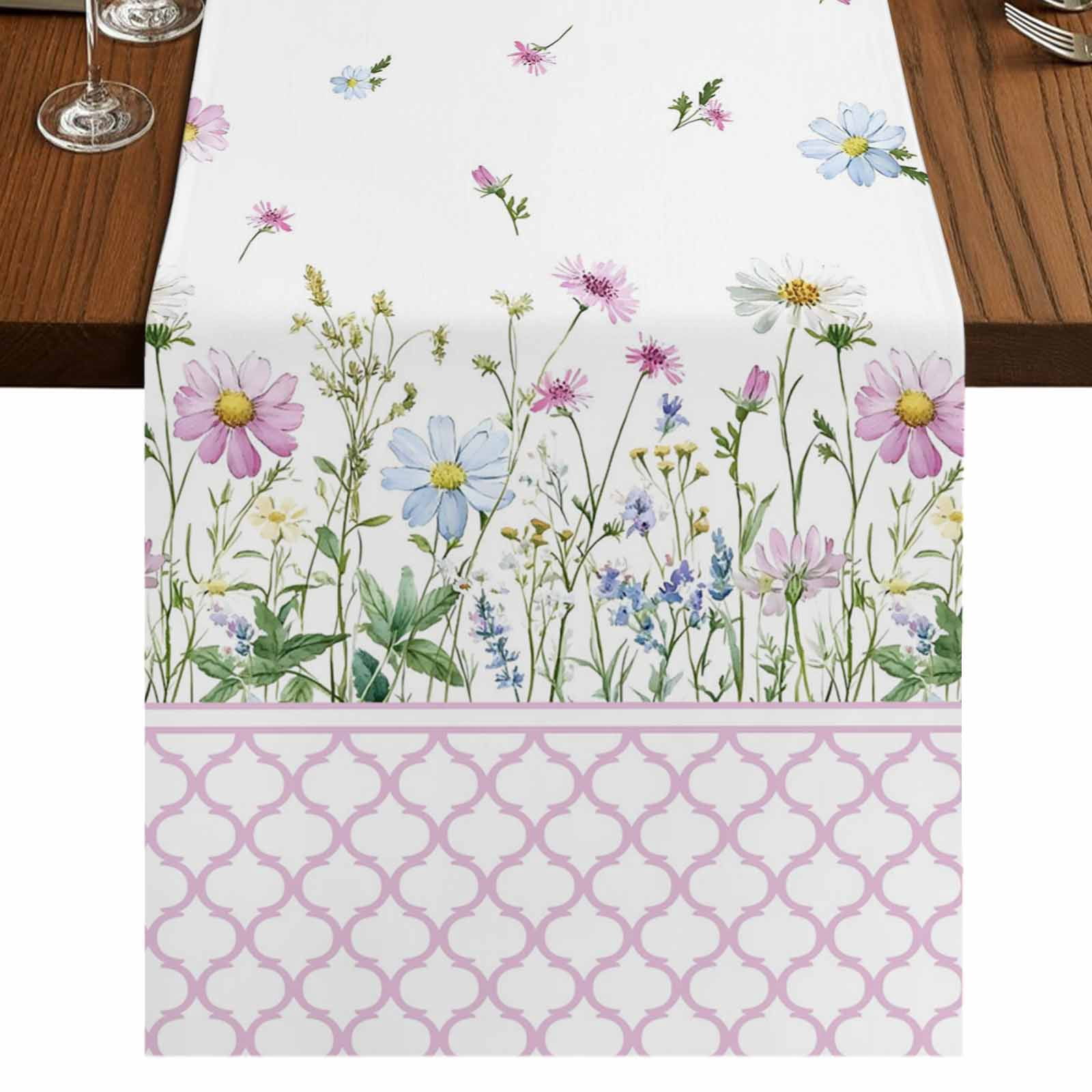 Spring Daisy 60 Inch Table Runner, Pink Moroccan White Wildflowers ...