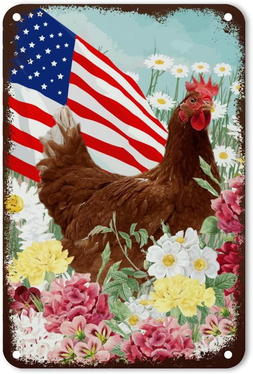 Spring Daisy American Flag Sign Farmhouse Rooster Art Tin Sign ...