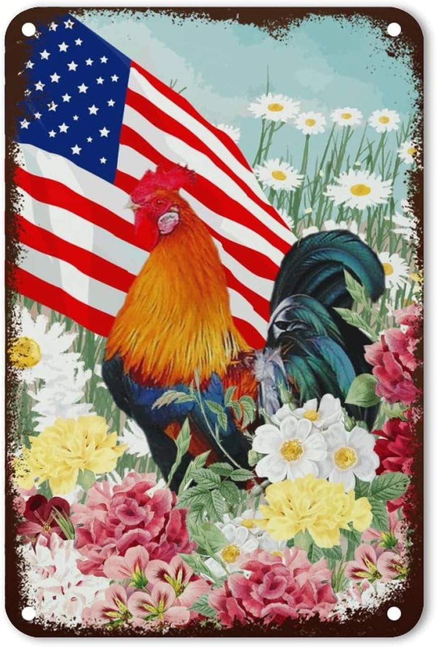 Spring Daisy American Flag Tin Sign Farmhouse Rooster Wall Signs ...