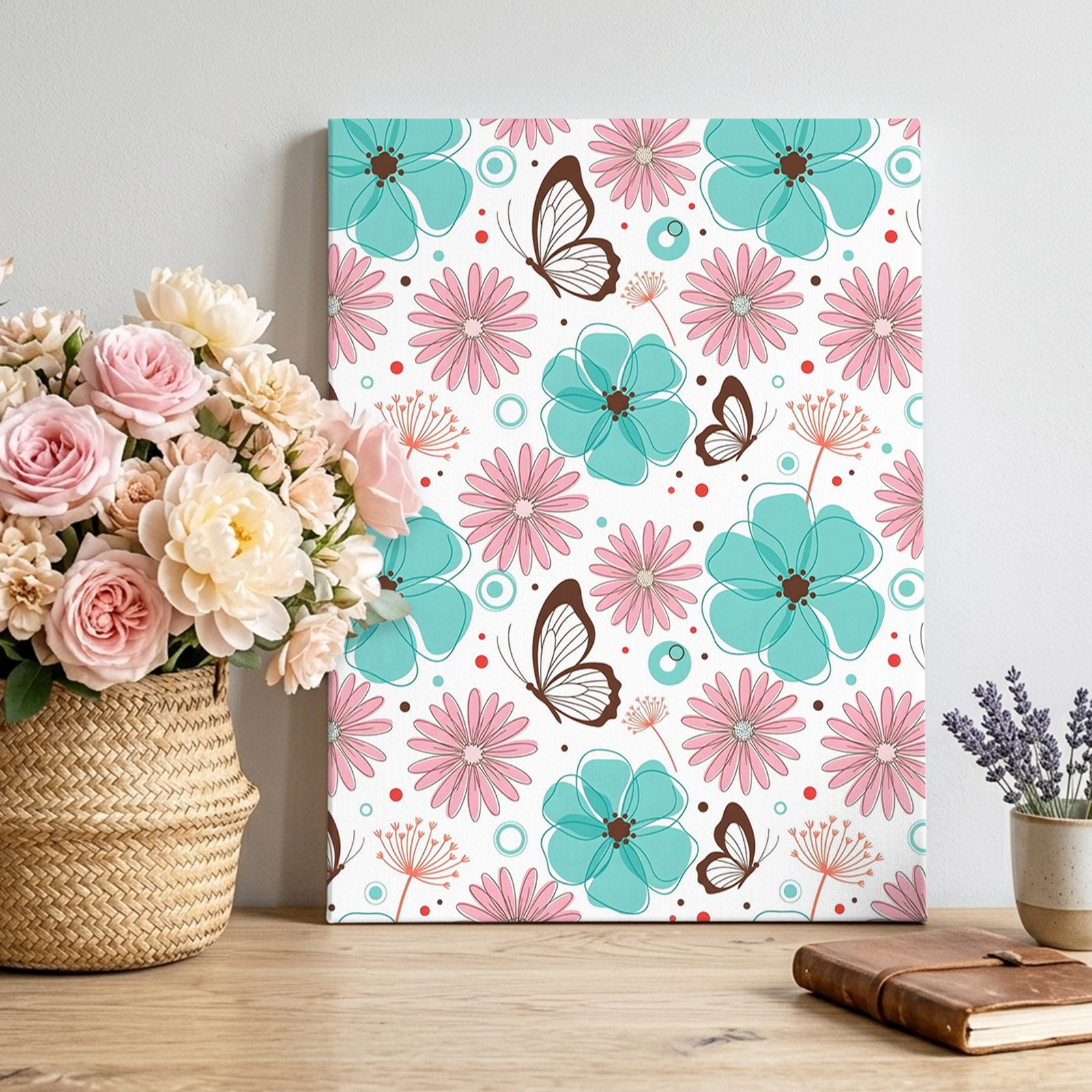 Spring Daisy Butterflies Canvas Wall Art for Living Room, Rustic Pink ...
