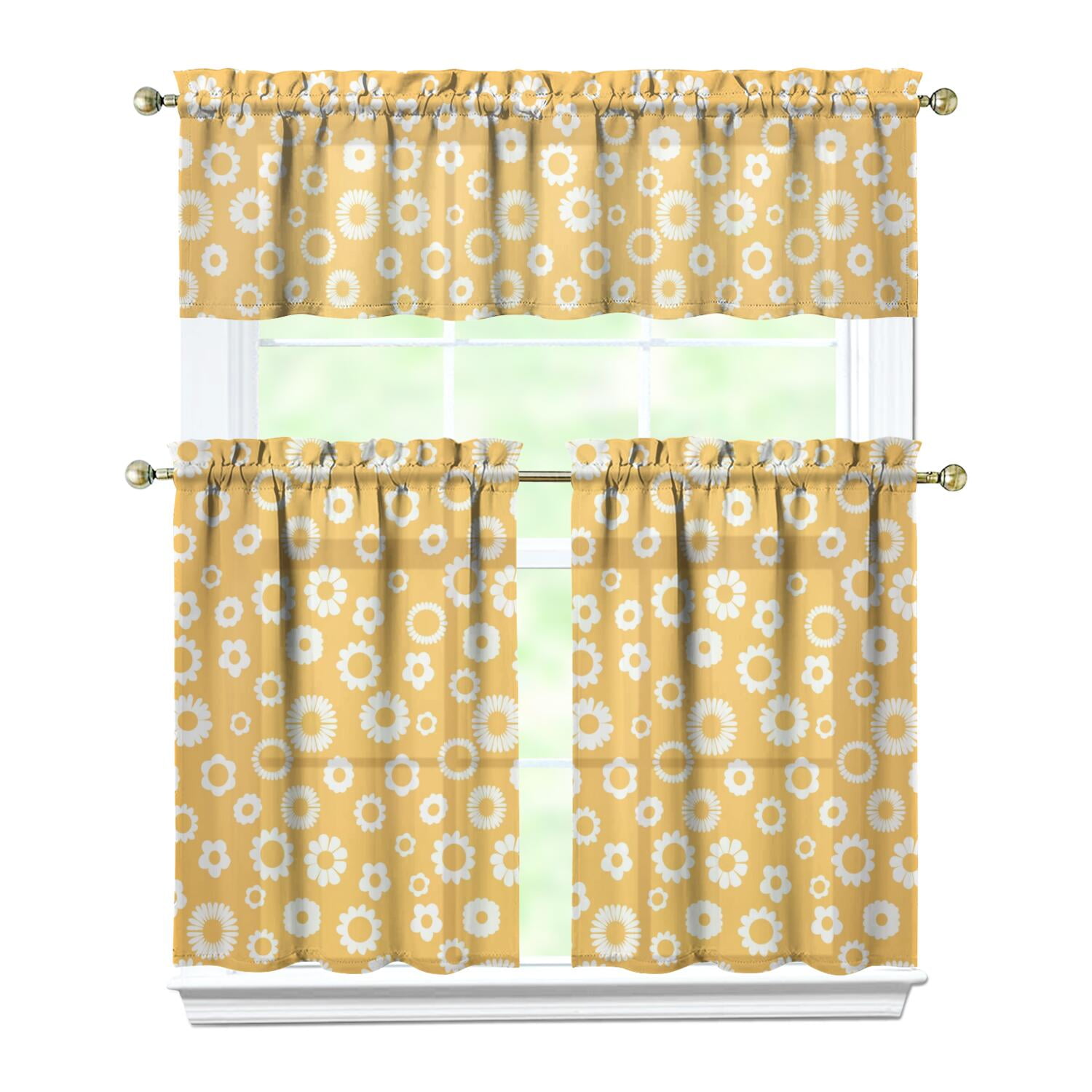 Spring Daisy Floral Kitchen Curtains Set - 3 Pieces Valance + Tier Panels, Yellow Bloom Retro ...