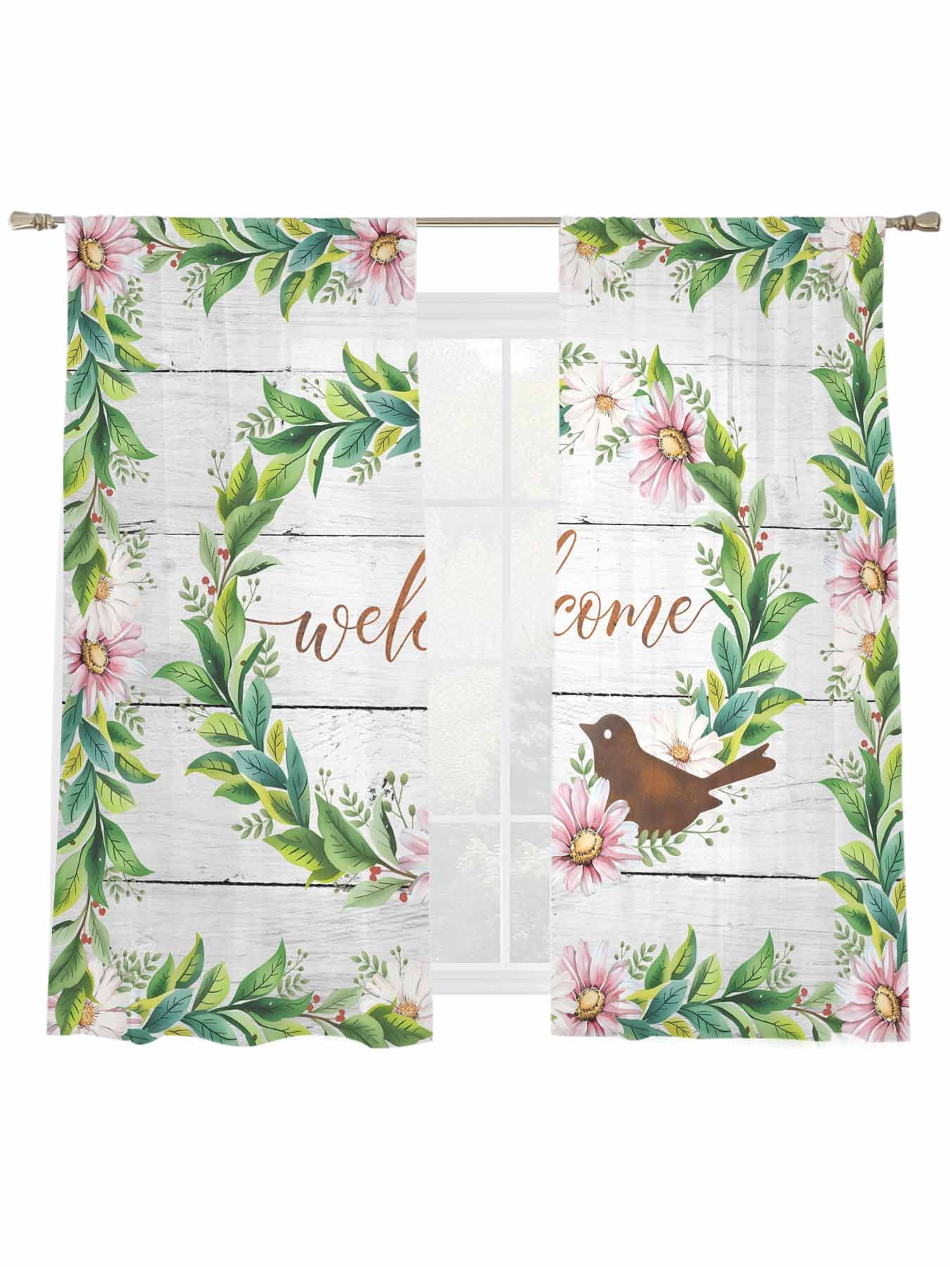 Spring Daisy Leaf Garland Sheer Curtains 2 Panels Set Bird Welcome ...