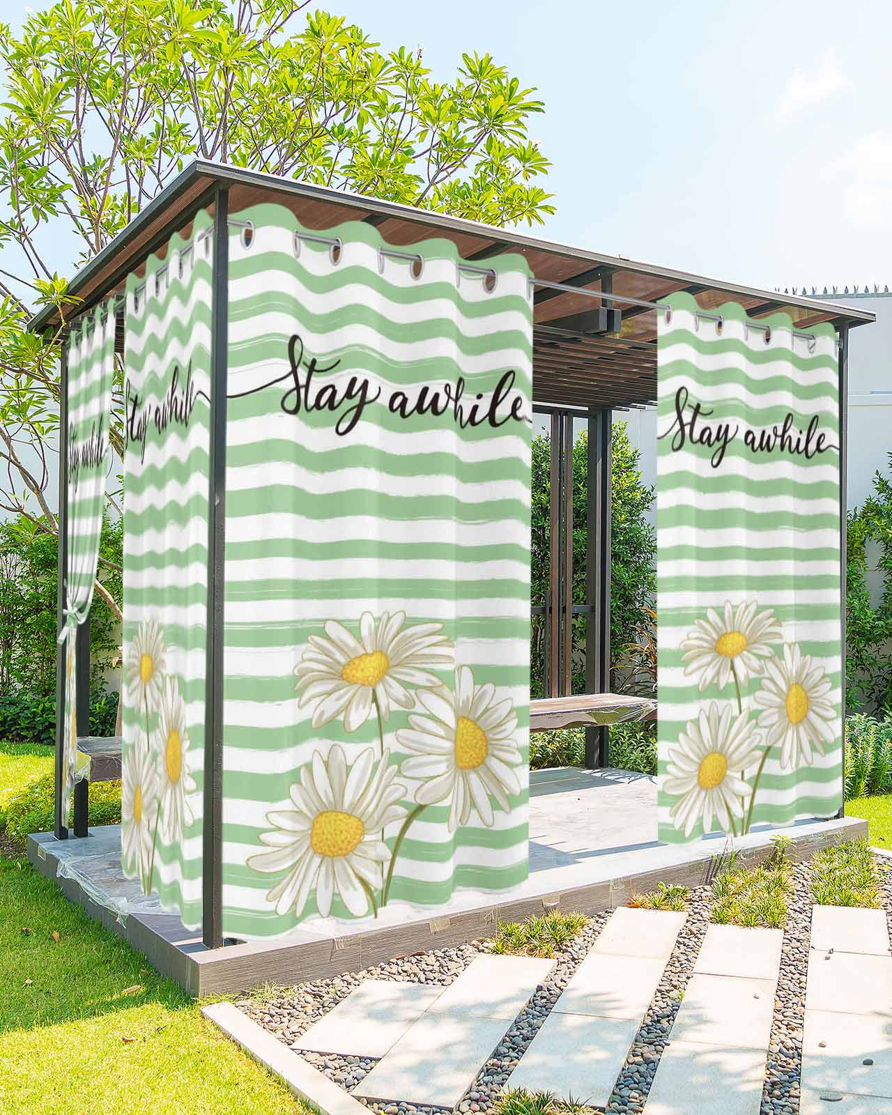 Spring Daisy Outdoor Curtains for Patio, Watercolor Style Flower Green ...