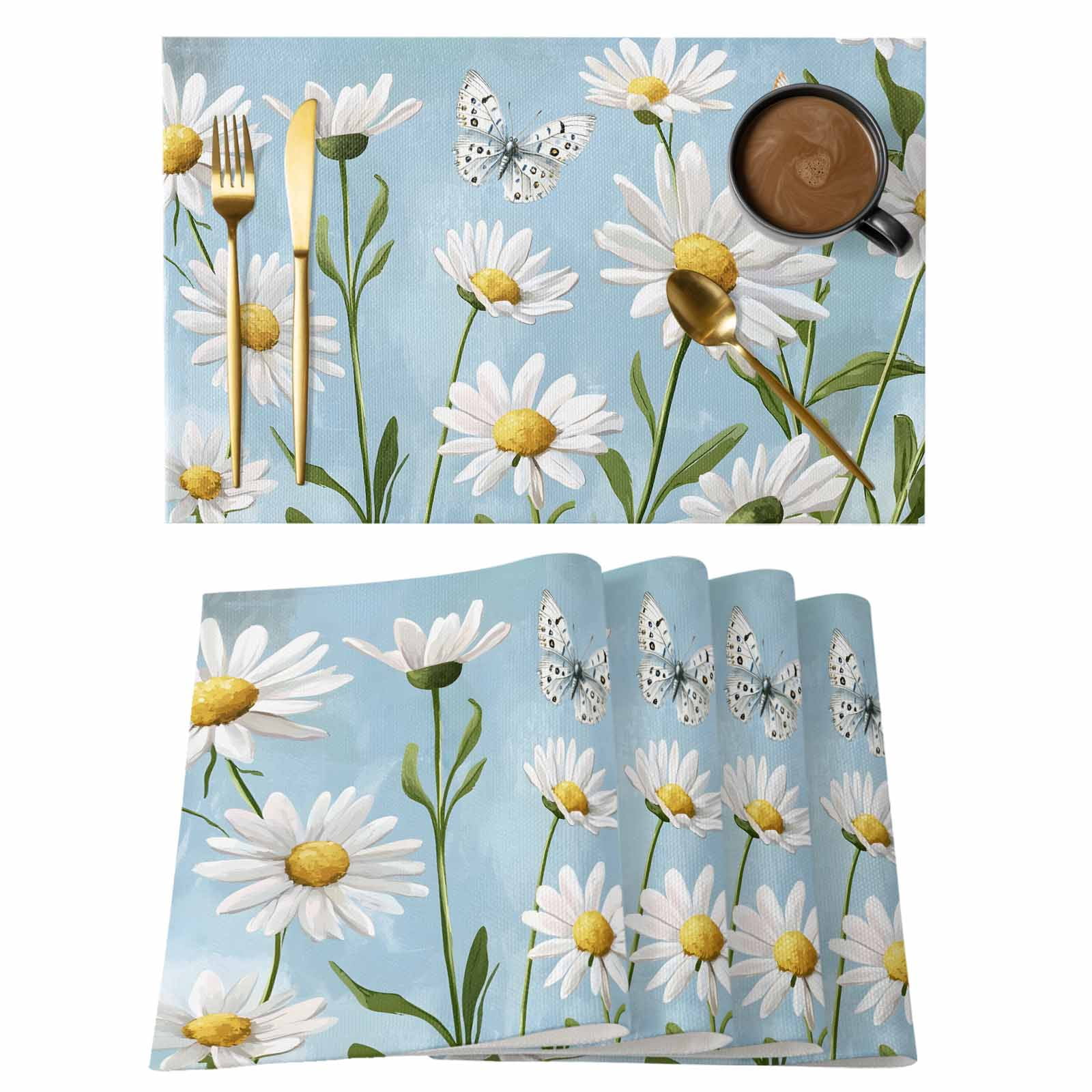 Spring Daisy Placemats Set of 6, White Flowers Butterfly Non-Slip Place ...