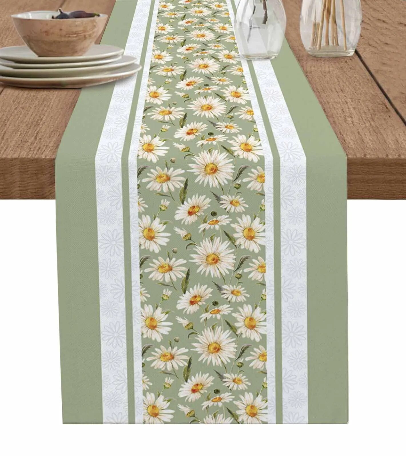 Spring Daisy Sage Green Table Runner Cotton Linen Wedding Decor ...