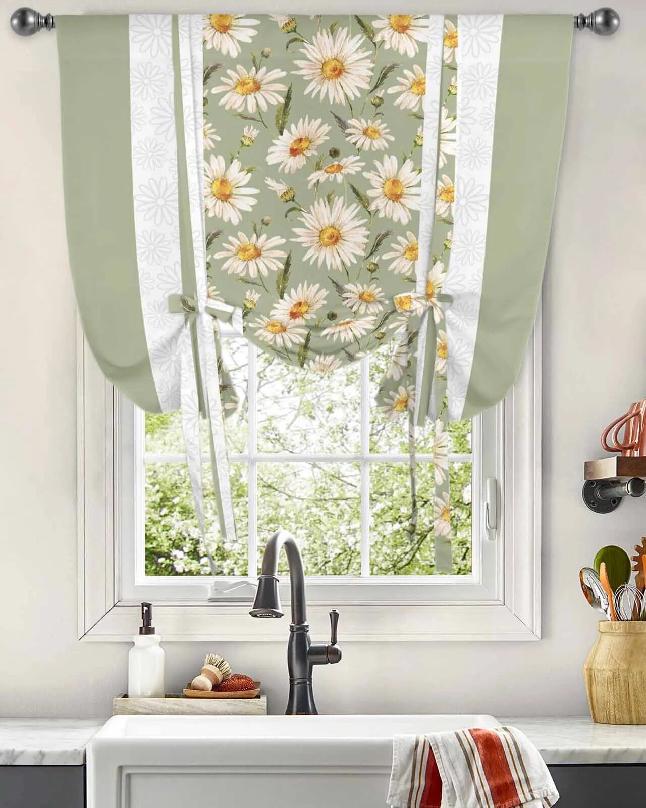 Spring Daisy Sage Green Window Curtain for Living Room Adjustable ...