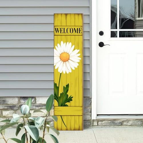Spring Daisy Welcome Wooden Sign, Summer Rustic Daisy Porch Sign for Front Door Decorations ...