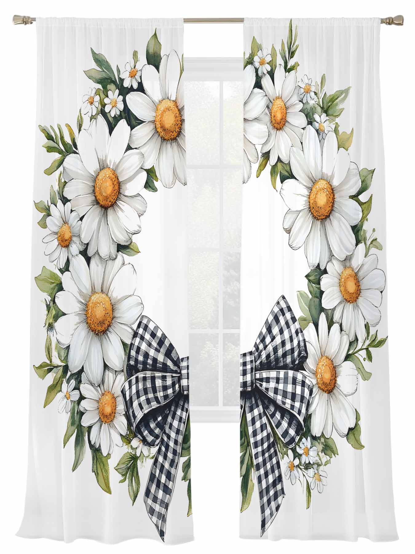 Spring Daisy Wreath Sheer Curtains for Living Room Bedroom, Retro ...