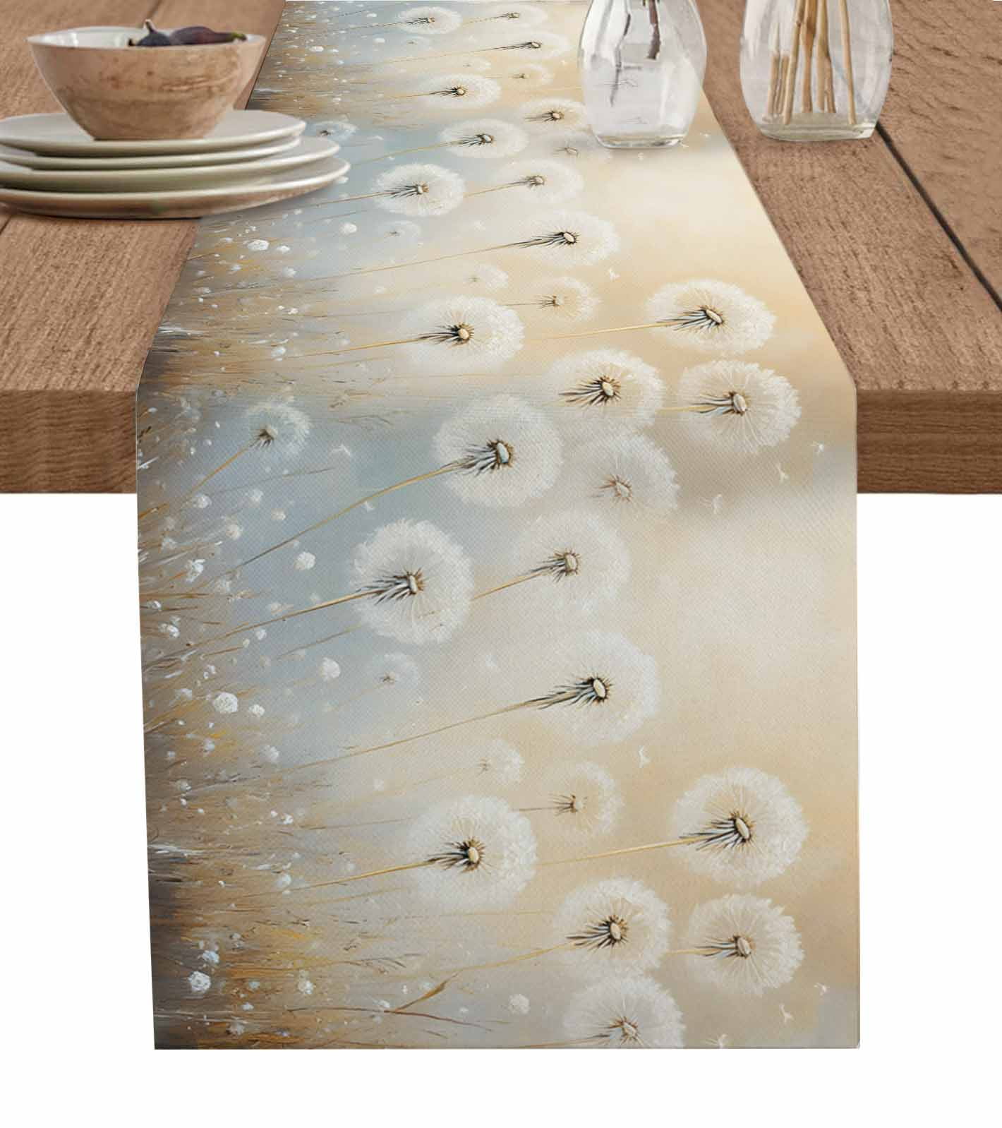 Spring Dandelion Table Runner 90 Inches, White Botanical Nature Flowers ...