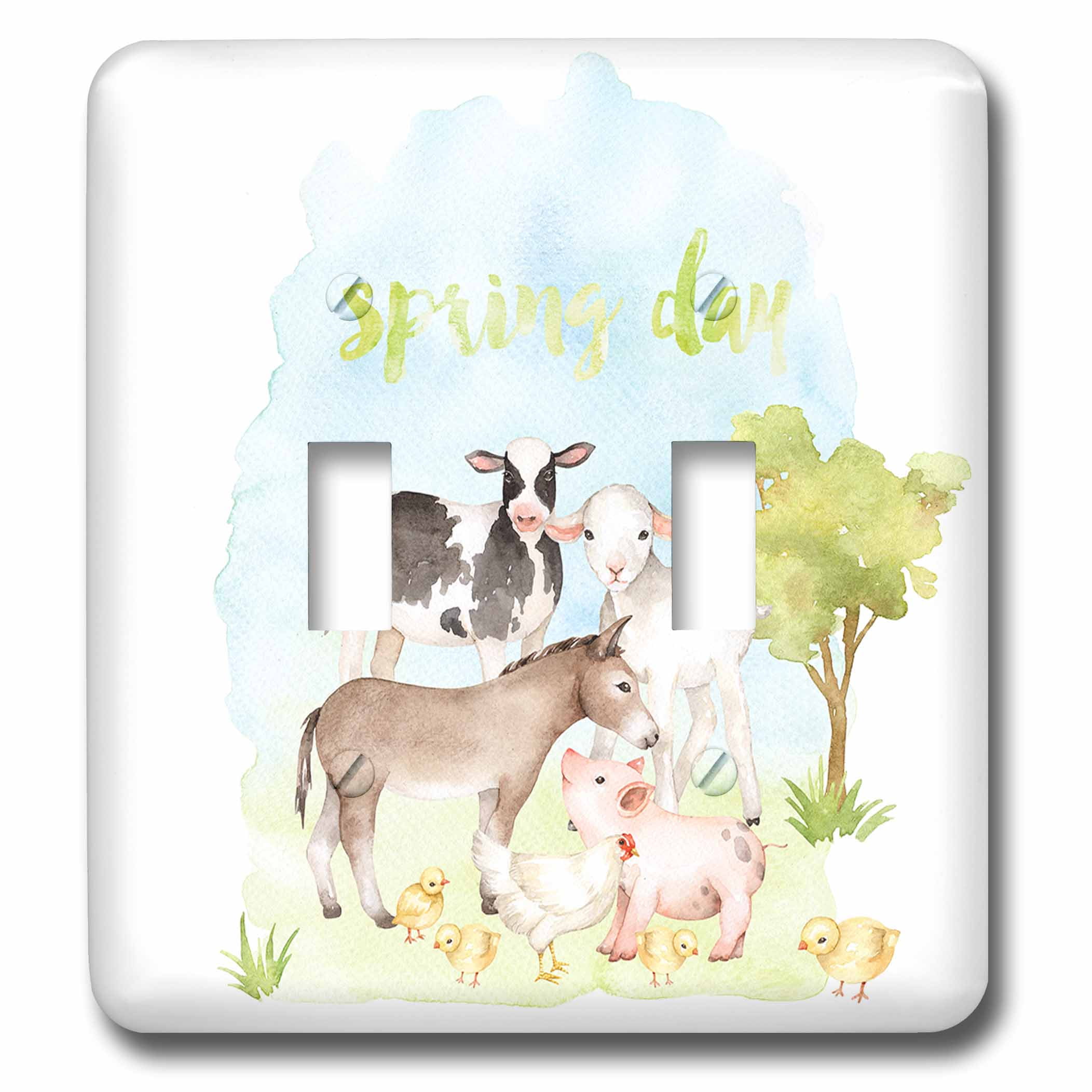 Spring Day- Animals in Farm Garden- Watercolor Illustration Typography ...