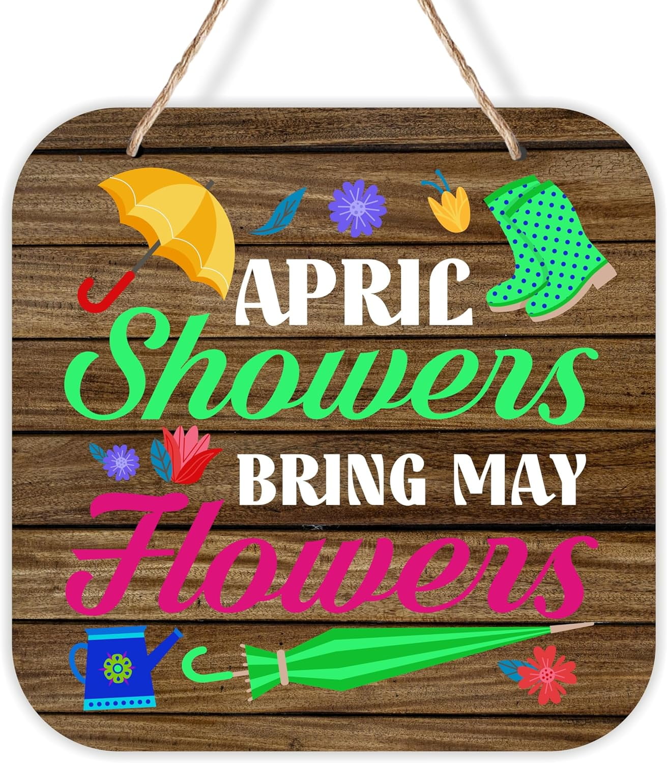 Spring Decor April Showers Bring May Flowers Sign Front Door Round Wood ...