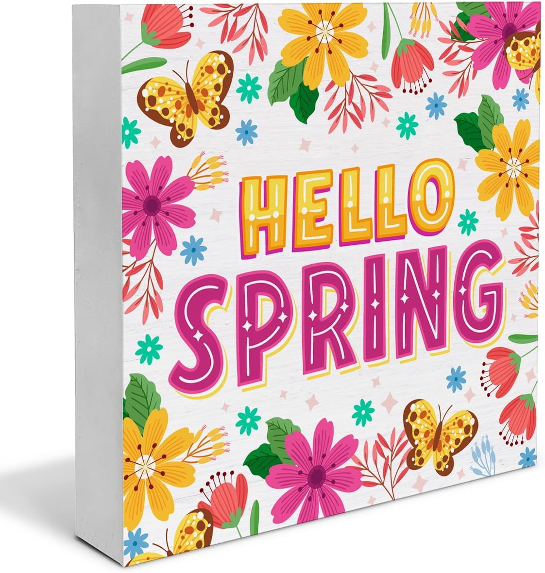 Spring Decor - Floral Spring Sign Decorations Hello Spring Wood Block ...
