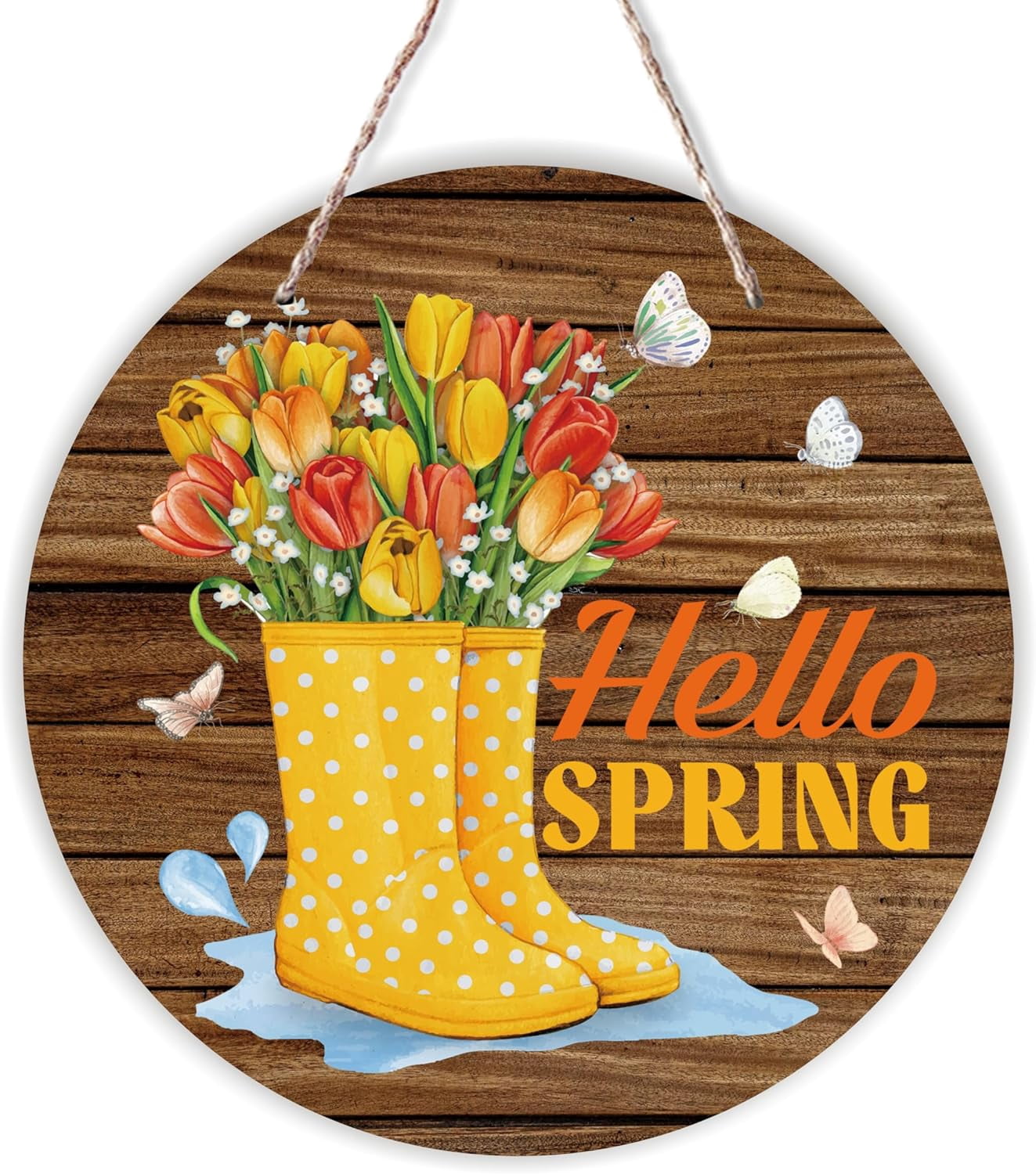 Spring Decor Hello Spring Sign Welcome Front Door Round Wood Sign ...