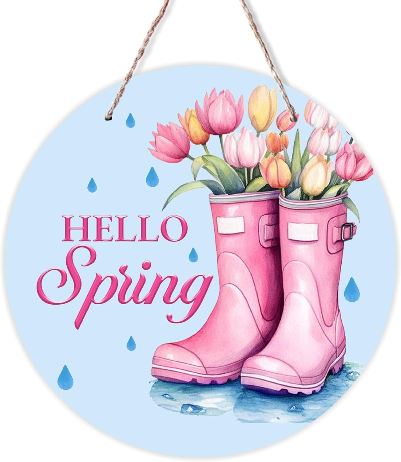 Spring Decor Hello Spring Sign Welcome Front Door Round Wood Sign ...